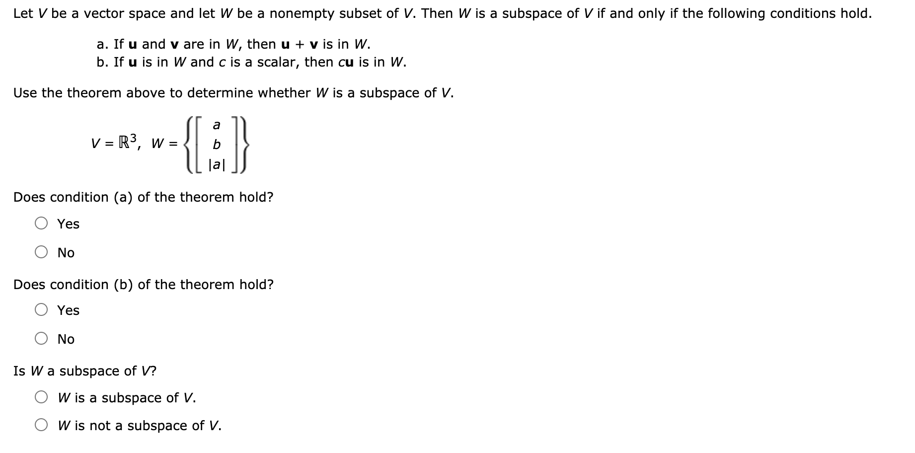 Solved Let V be a vector space and let W be a nonempty | Chegg.com
