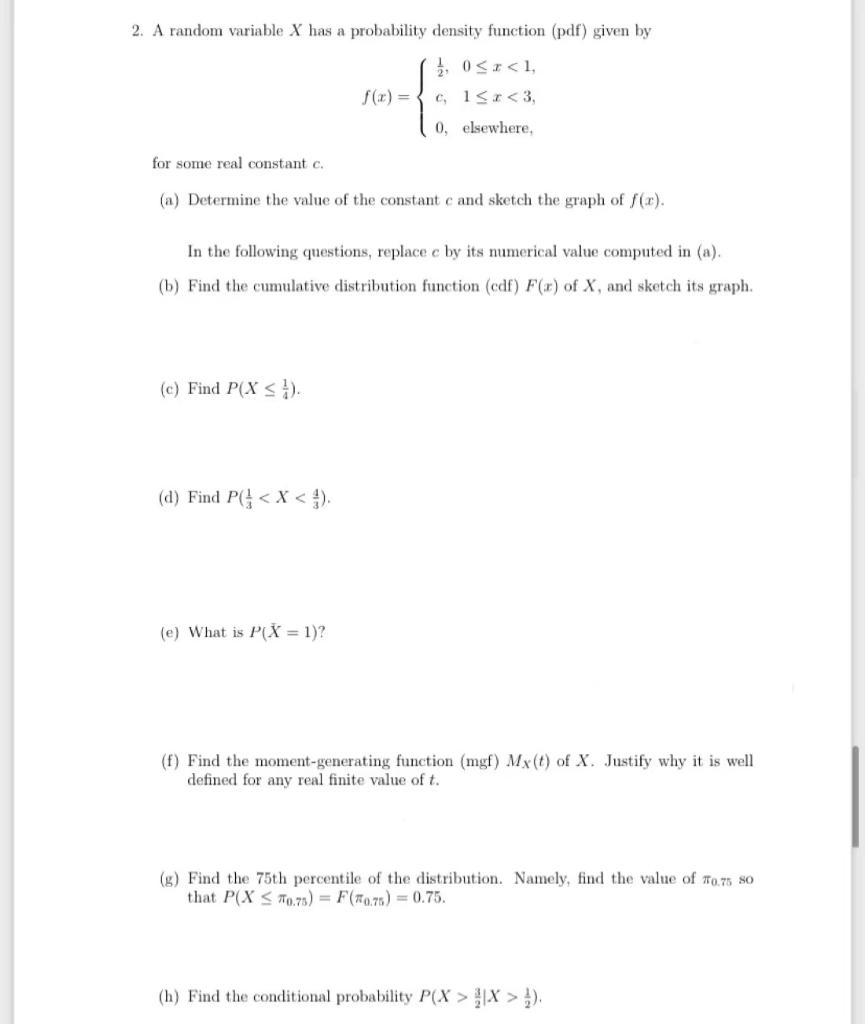 Solved 2. A random variable X has a probability density | Chegg.com