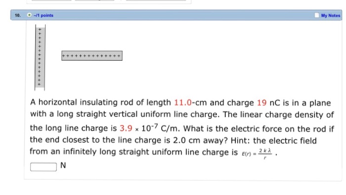 Solved 10. -1 points My Notes A horizontal insulating rod of | Chegg.com