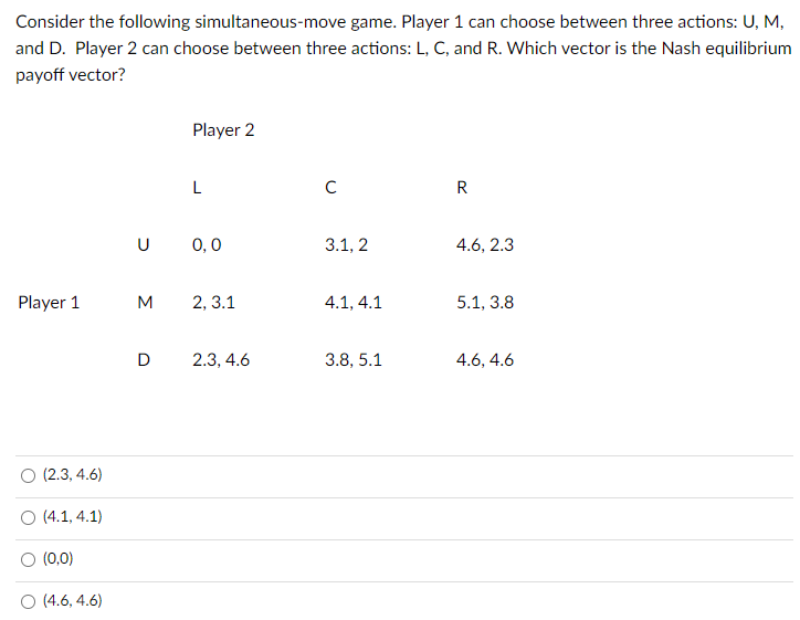 Solved Consider the following simultaneous-move game. Player | Chegg.com