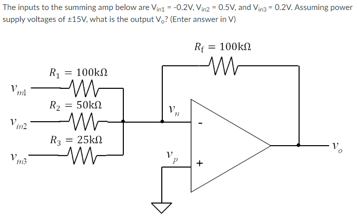 Solved The inputs to the summing amp below are Vin1=−0.2 V, | Chegg.com