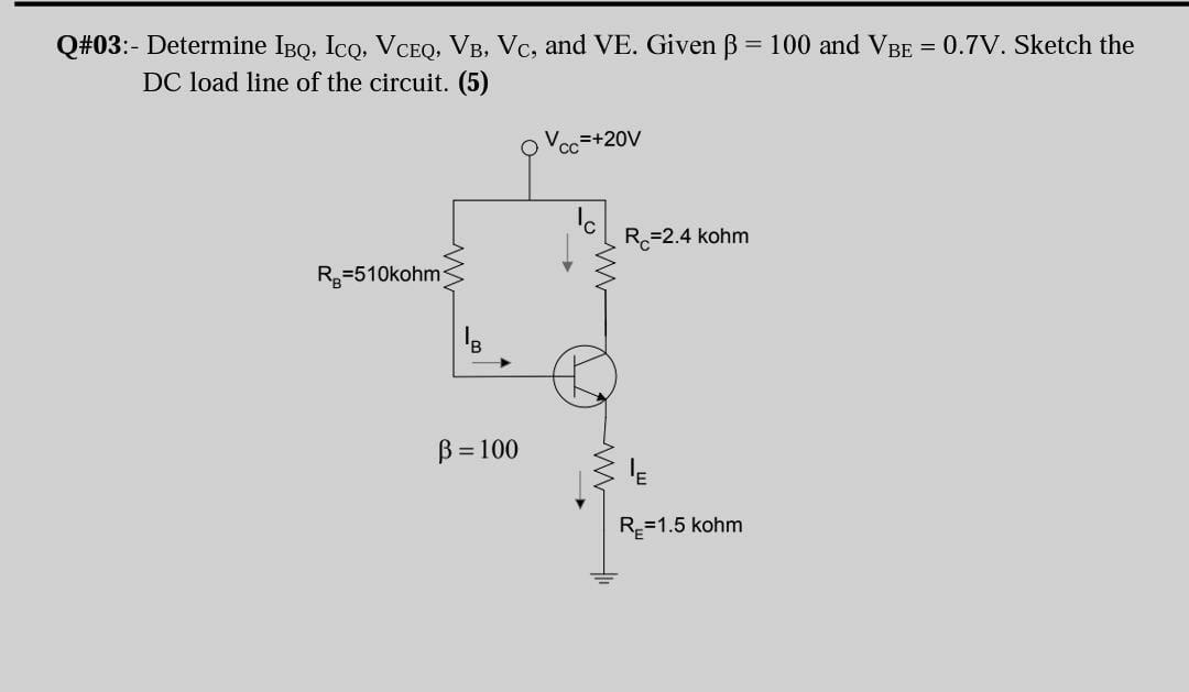 Solved Q#03:- Determine IBQ, Ico, VCEQ, VB, Vc, and VE. | Chegg.com