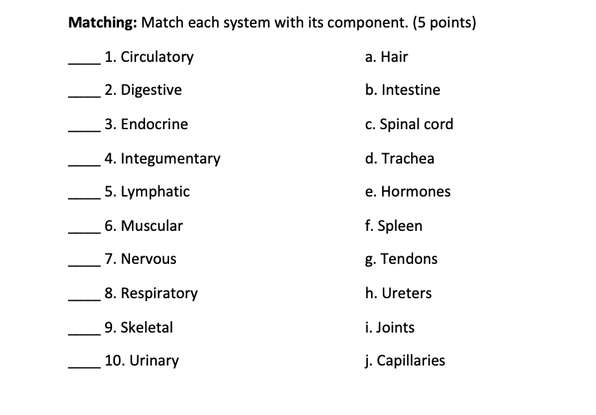 Solved Matching: Match each system with its component. (5 | Chegg.com