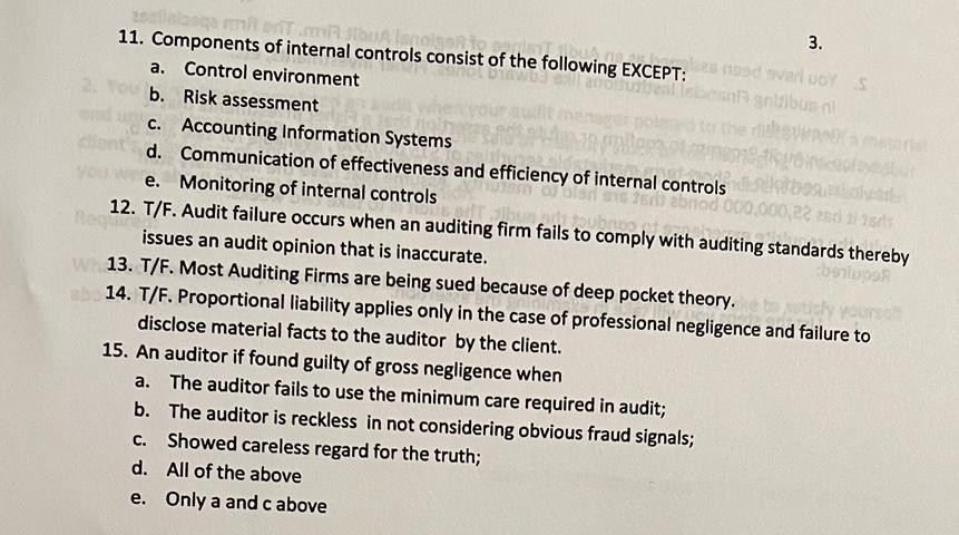 Solved 11. Components of internal controls consist of the | Chegg.com