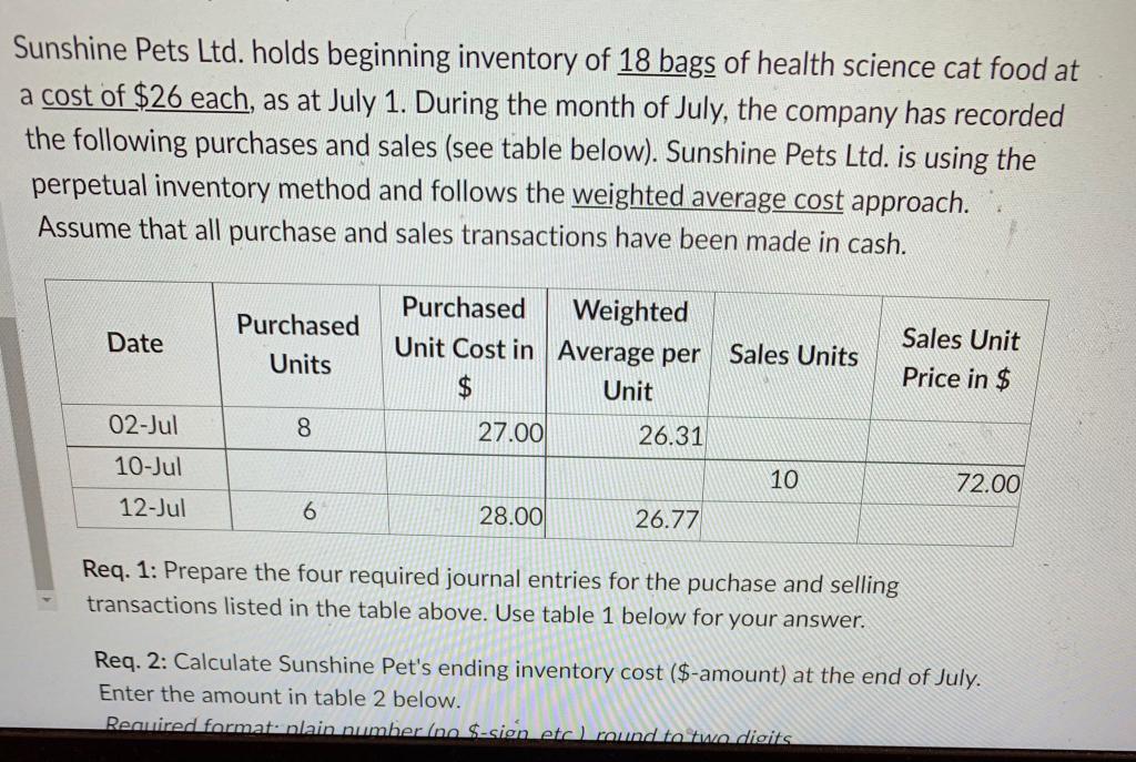 Solved Sunshine Pets Ltd. holds beginning inventory of 18 | Chegg.com