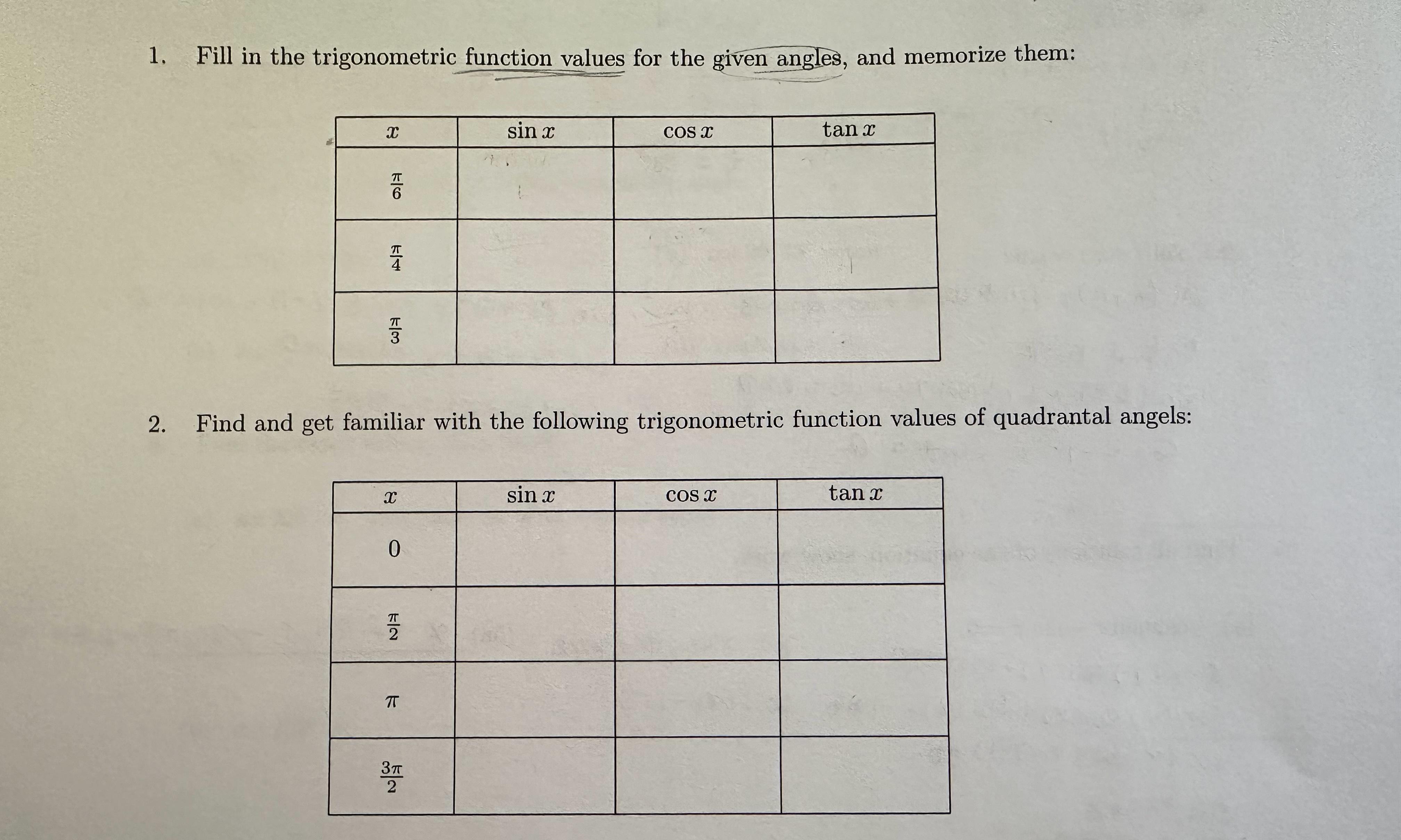 Solved 1. Fill in the trigonometric function values for the | Chegg.com