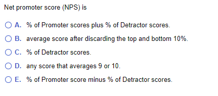 Solved Net promoter score (NPS) is A. \% of Promoter scores | Chegg.com