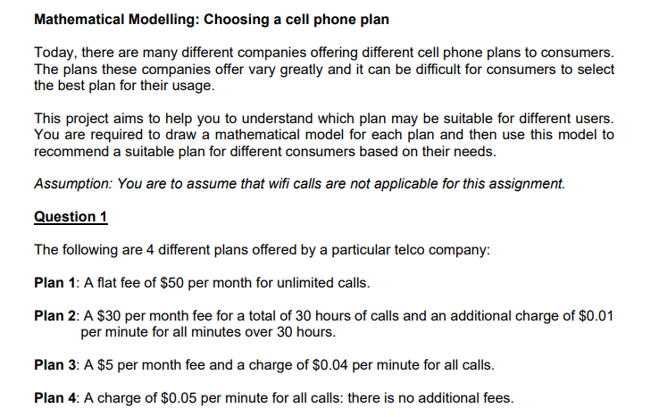 Solved Mathematical Modelling: Choosing a cell phone plan | Chegg.com
