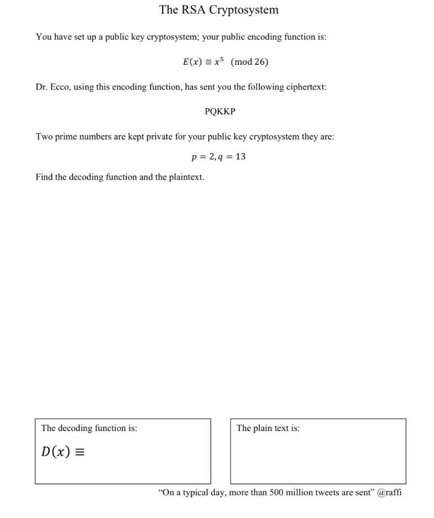 Solved The RSA Cryptosystem You have set up a public key | Chegg.com