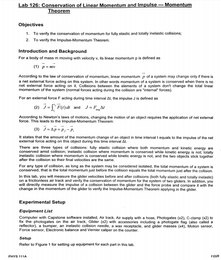 Solved Lab 126 Conservation Of Linear Momentum And Impulse