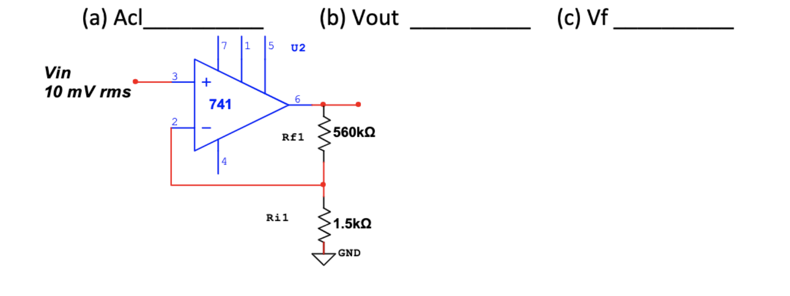 Solved (a) Acl (b) Vout (c) Vf 5 U2 3 Vin 10 mV rms + 6 741 | Chegg.com