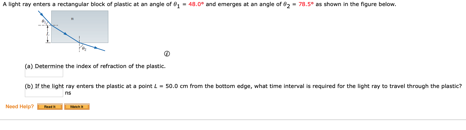 Solved A light ray enters a rectangular block of plastic at | Chegg.com
