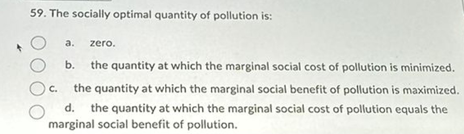 Solved The socially optimal quantity of pollution is:a. | Chegg.com