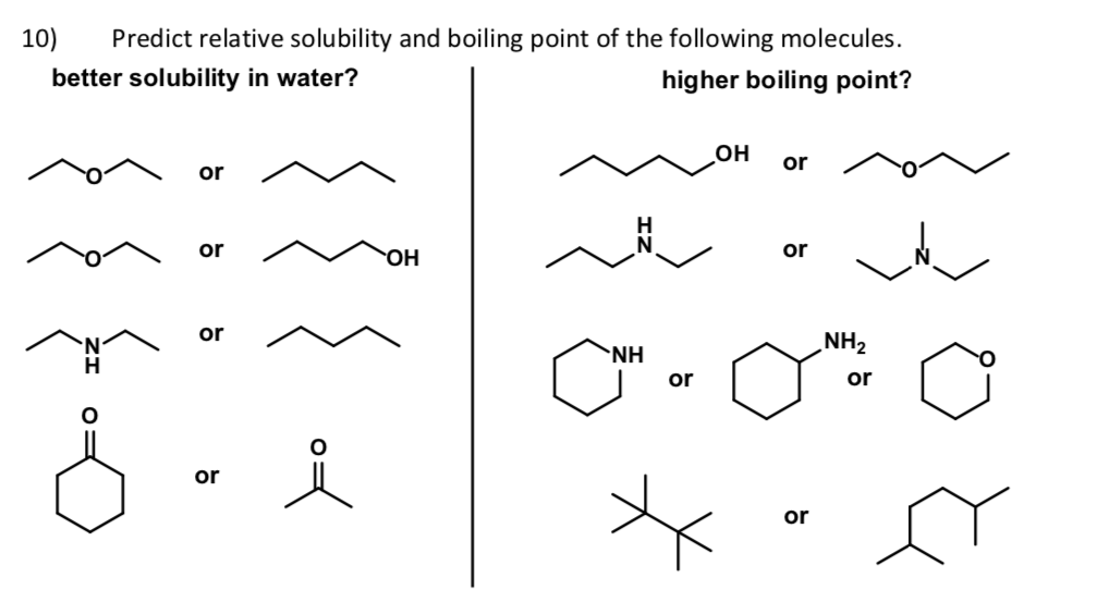 Solved LO) Predict relative solubility and boiling point of | Chegg.com