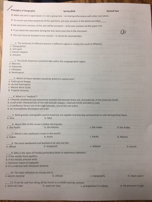 Solved Principles of Geography Spring 2018 Second Test While | Chegg.com