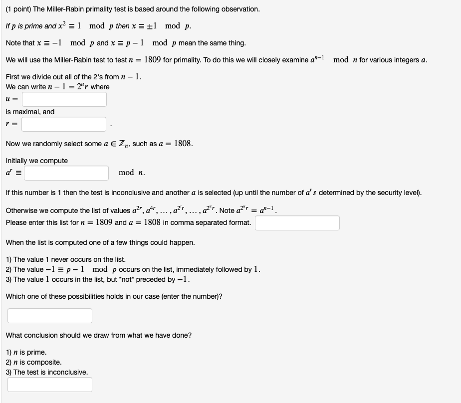 Solved (1 point) This question concerns primality testing. | Chegg.com