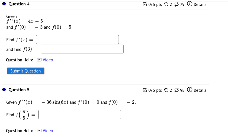 Solved Question 4 0/5 pts 279 Details Given f''(x) = 4x – 5 | Chegg.com