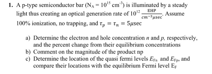 Solved 1. A p-type semiconductor bar (N,-1015 cm') is | Chegg.com