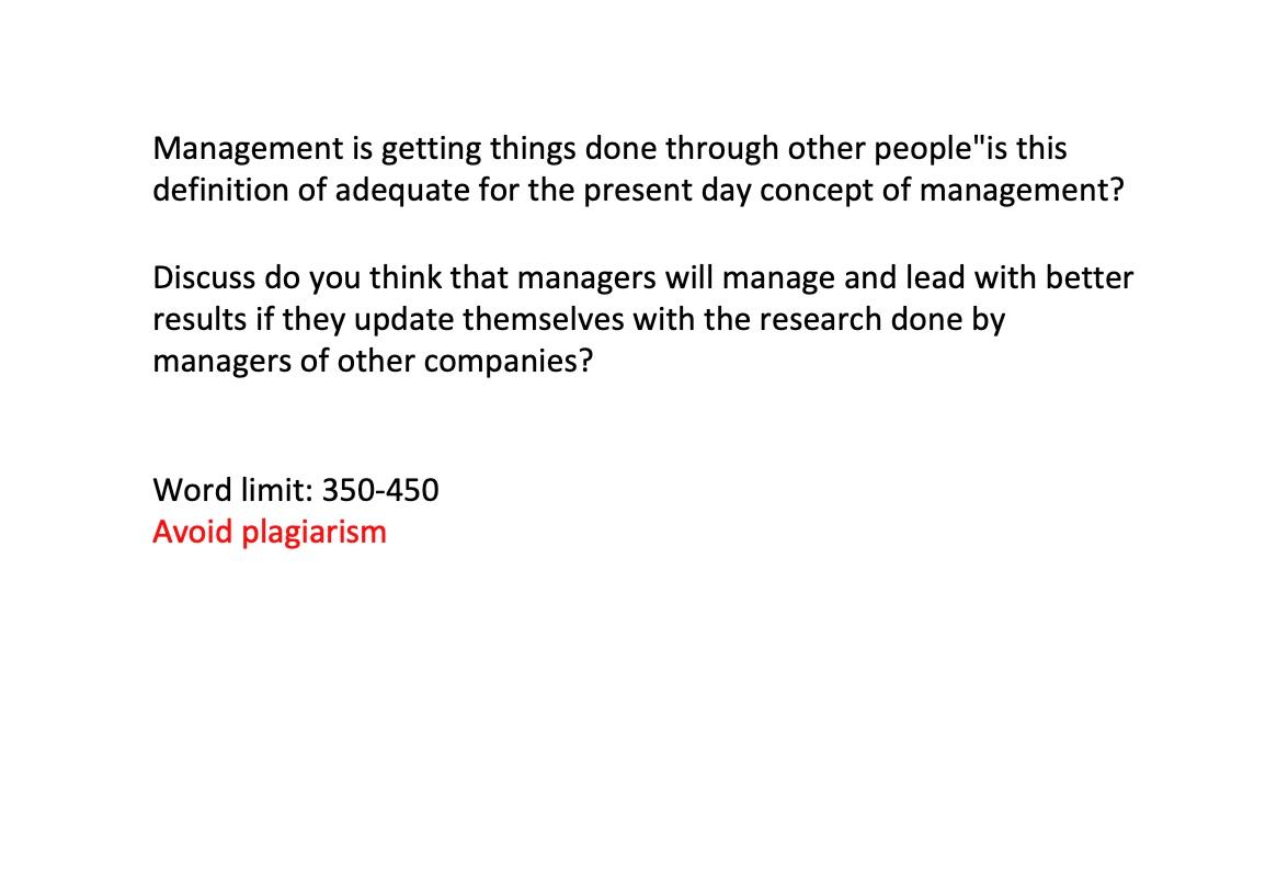 Solved Management is getting things done through other | Chegg.com