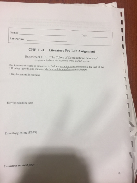 Solved Name: Date: Lab Partner: CHE 112L Literature Pre-Lab | Chegg.com