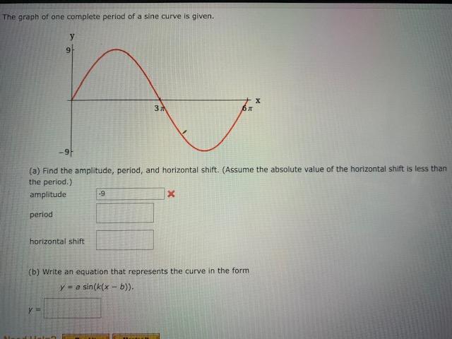 Solved The graph of one complete period of a sine curve is | Chegg.com
