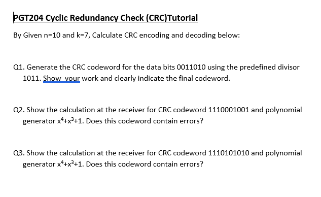 Solved PGT204 Cyclic Redundancy Check (CRC)Tutorial By Given | Chegg.com