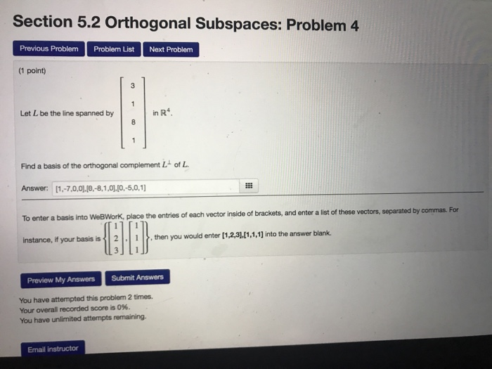 Solved Section 5.2 Orthogonal Subspaces: Problem 4 Previous | Chegg.com