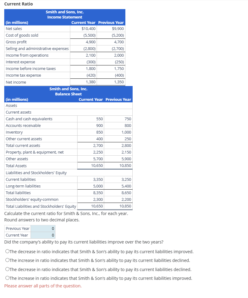 Solved Current Ratio Calculate the current ratio for Smith | Chegg.com