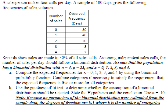 Solved A salesperson makes four calls per day. A sample of | Chegg.com