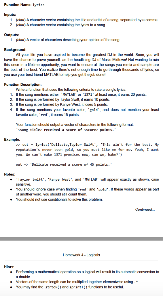 Solved Function Name Lyrics Inputs 1 2 Char A Character