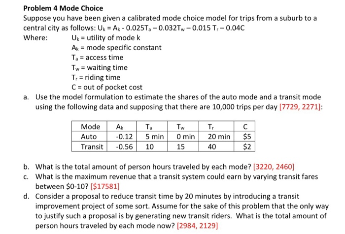 Solved Problem 4 Mode Choice Suppose you have been given a | Chegg.com Solved Problem 4 Mode Choice Suppose you have been given a | Chegg.com