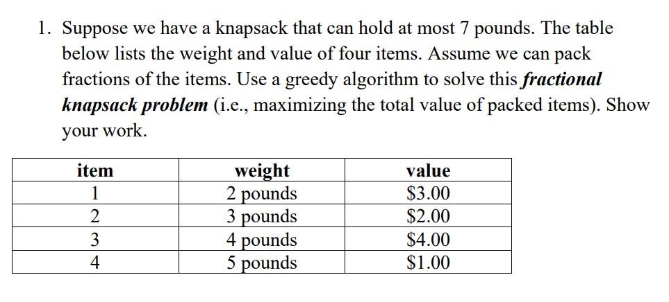 Solved 1. Suppose we have a knapsack that can hold at most 7 | Chegg.com