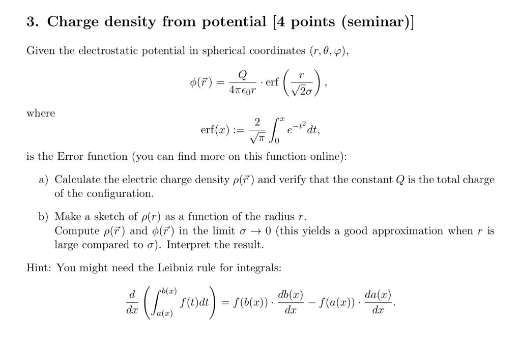 Solved 3. Charge density from potential [4 points (seminar)] | Chegg.com