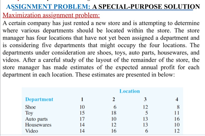 ASSIGNMENT PROBLEM: A SPECIAL-PURPOSE SOLUTION | Chegg.com