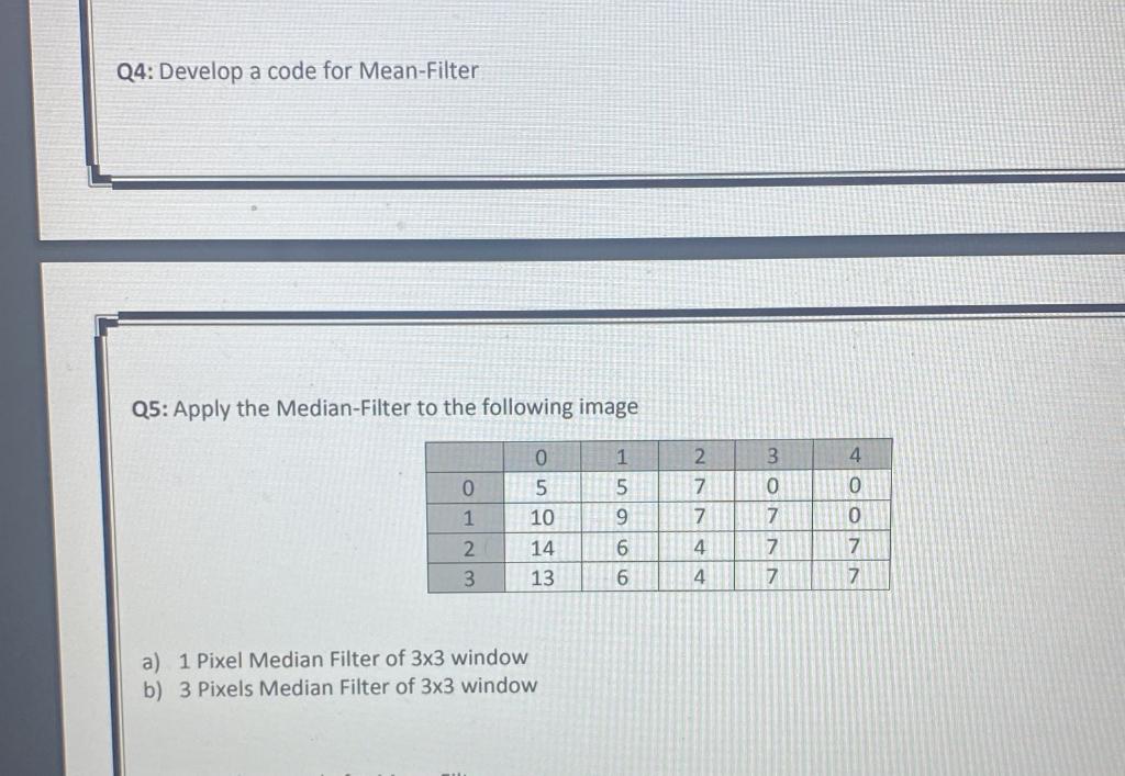 Solved Q4: Develop a code for Mean-Filter Q5: Apply the | Chegg.com
