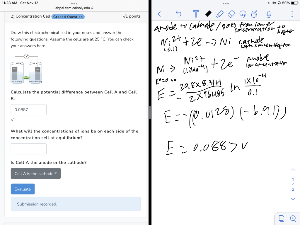 [Solved]: Draw this electrochemical cell in your notes and