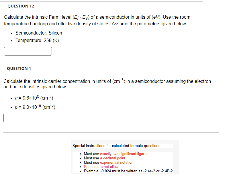 Solved Calculate the intrinsic Fermi level (Ei−EV) of a | Chegg.com