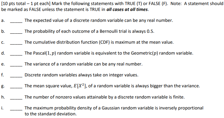Solved [10 pts total - 1 pt each] Mark the following | Chegg.com