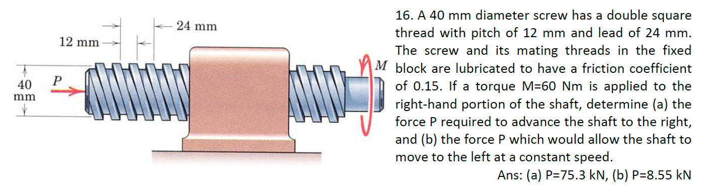 Solved 16. A 40 mm diameter screw has a double square thread | Chegg.com