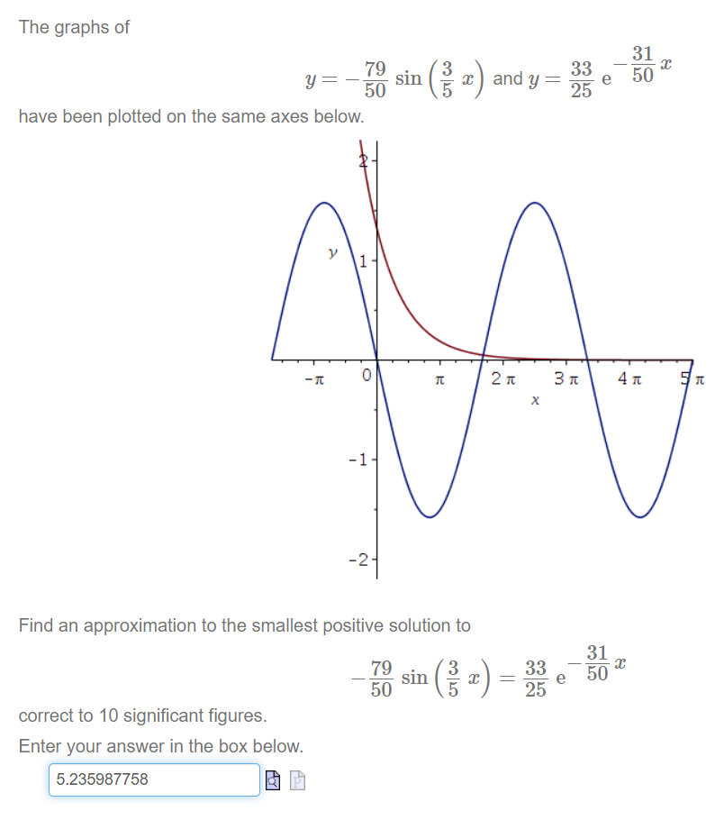 Solved The graphs of y=−5079sin(53x) and y=2533e−5031x have | Chegg.com