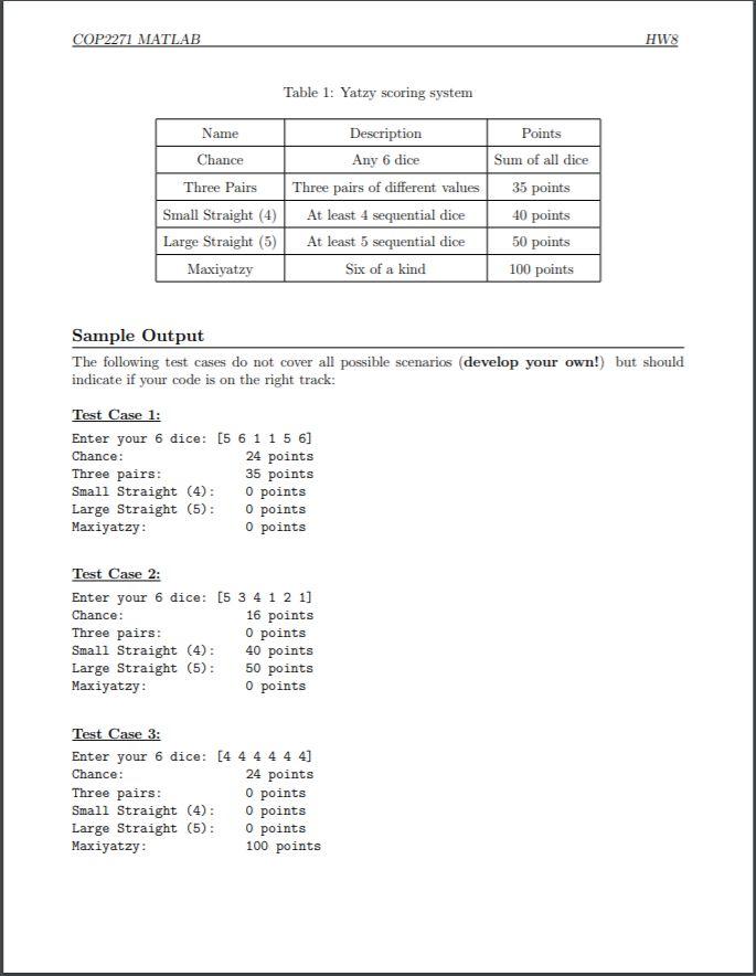 Solved COP2271 MATLAB HW8 Table 1: Yatzy scoring system Name | Chegg.com