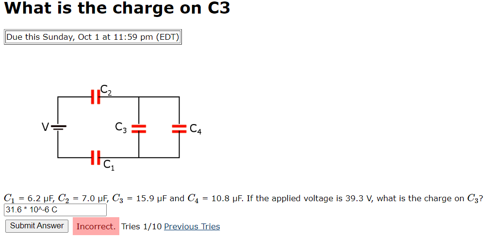 Solved What is the charge on C3 C1=6.2μF,C2=7.0μF,C3=15.9μF | Chegg.com