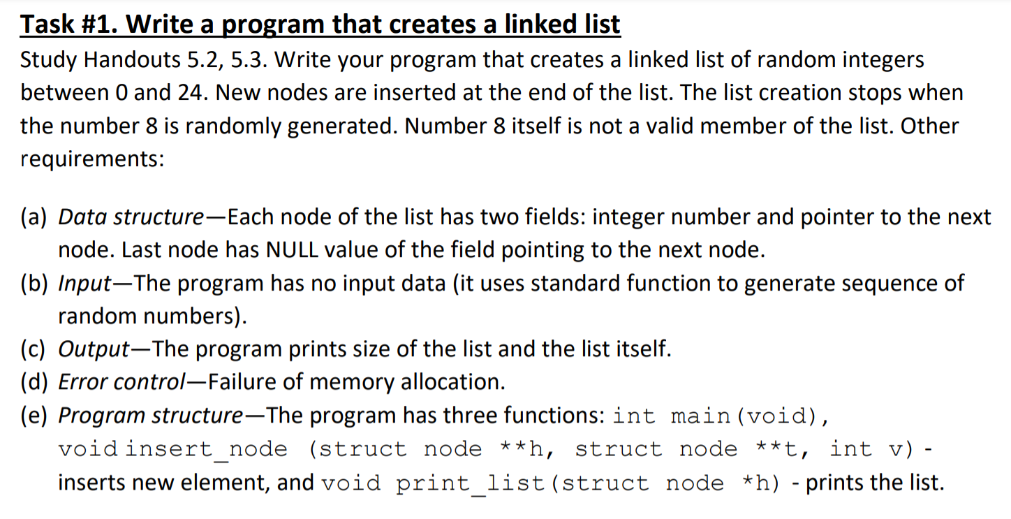 Solved Task #1. Write a program that creates a linked list | Chegg.com