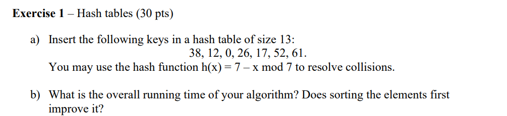 Solved Exercise 1 - Hash tables (30 pts) a) Insert the | Chegg.com