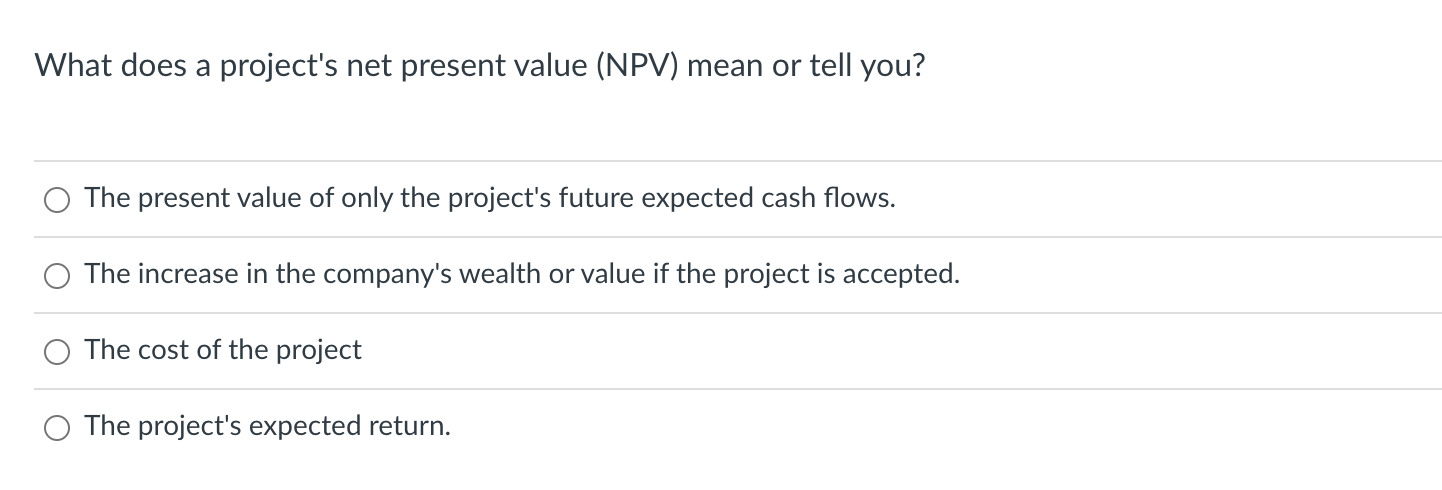 Solved What does a project's net present value (NPV) mean or | Chegg.com