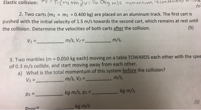Solved Elastic collision: 2. Two carts (m1=m2=0.400 kg) are | Chegg.com