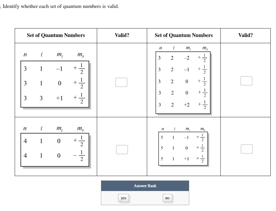 Solved Identify whether each set of quantum numbers is | Chegg.com