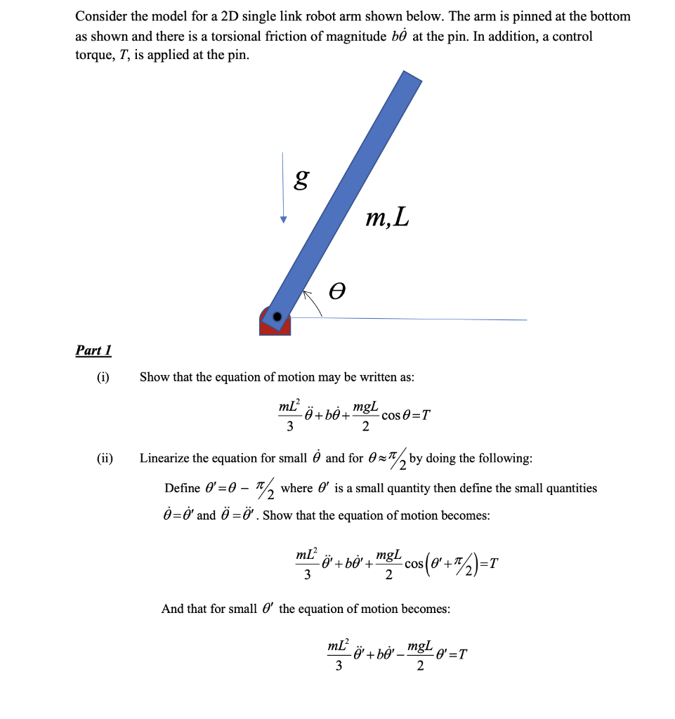 Solved Consider the model for a 2D single link robot arm | Chegg.com