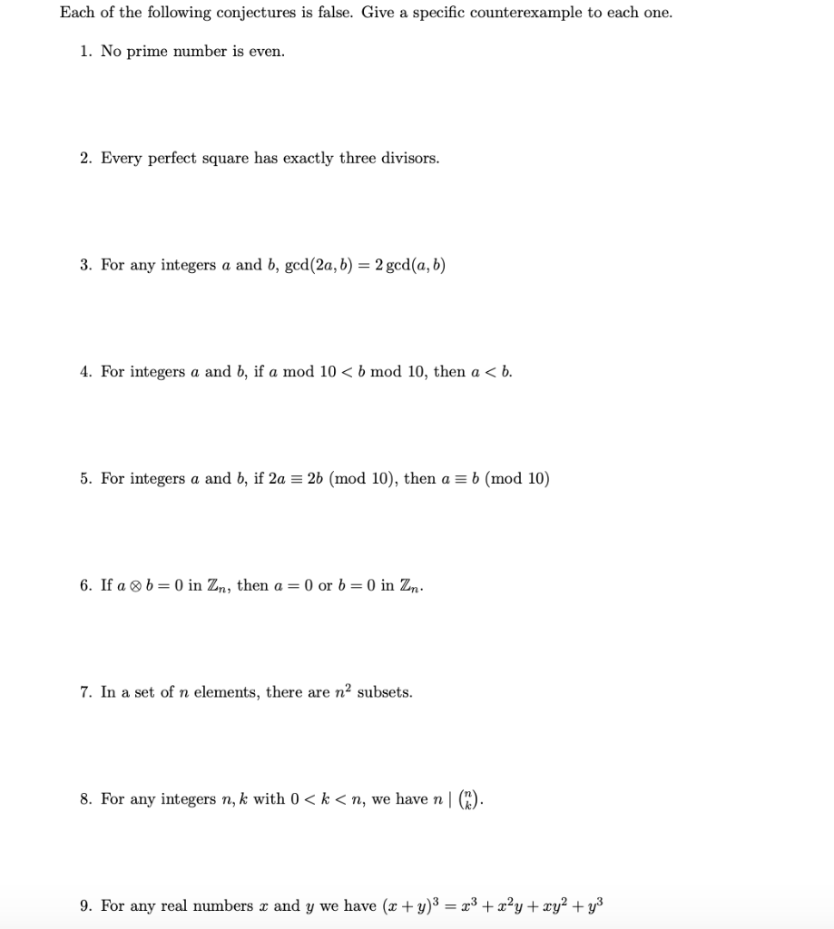 Solved Each of the following conjectures is false. Give a | Chegg.com
