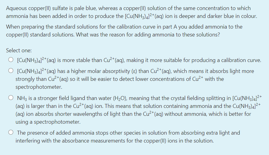 Solved Aqueous copper(II) sulfate is pale blue, whereas a | Chegg.com